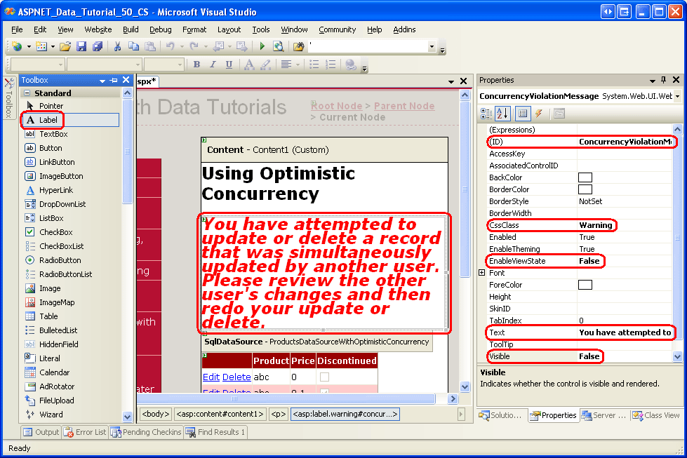 Implementieren Der Optimistischen Parallelität Mit Sqldatasource Vb Microsoft Learn