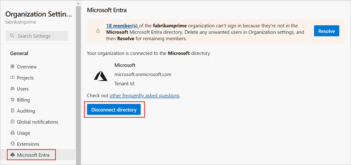 Trennen Der Organisation Von Der Microsoft Entra Id Azure Devops Services Microsoft Learn
