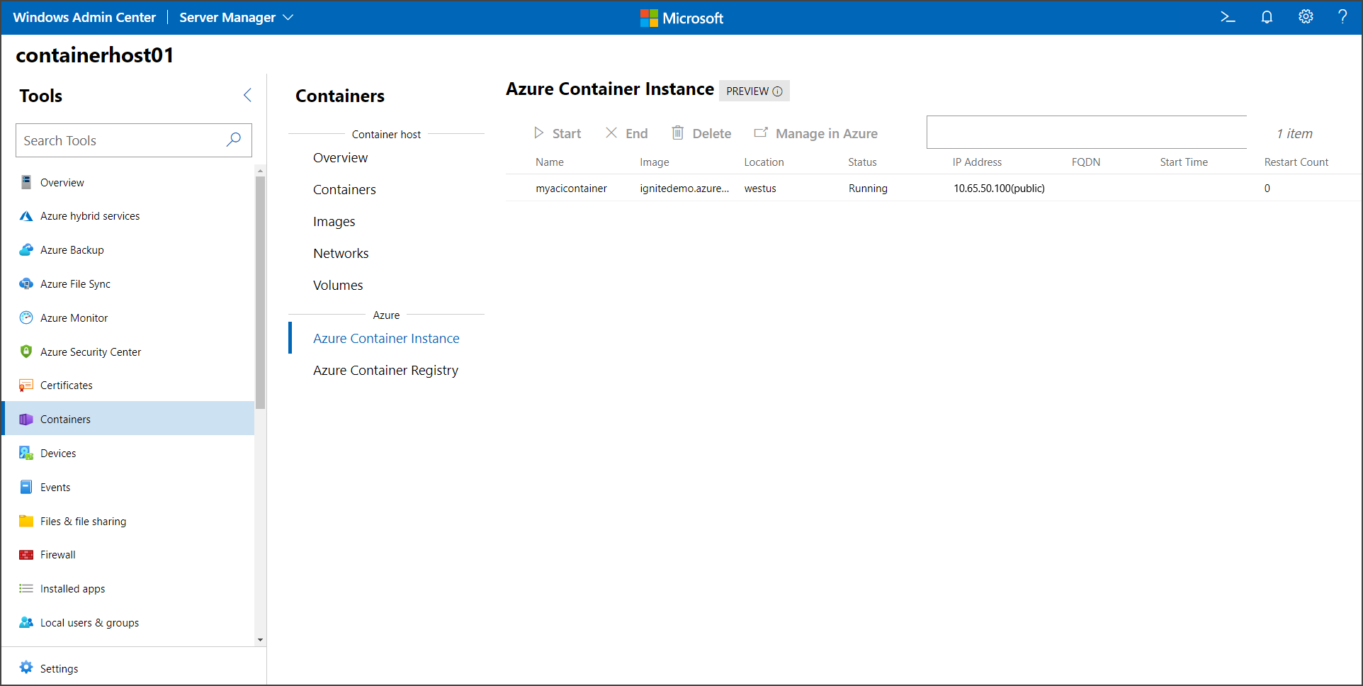 Verwalten von Azure Container Instances auf Windows Admin Center ... Verwalten von Azure Container Instances auf Windows Admin Center ...