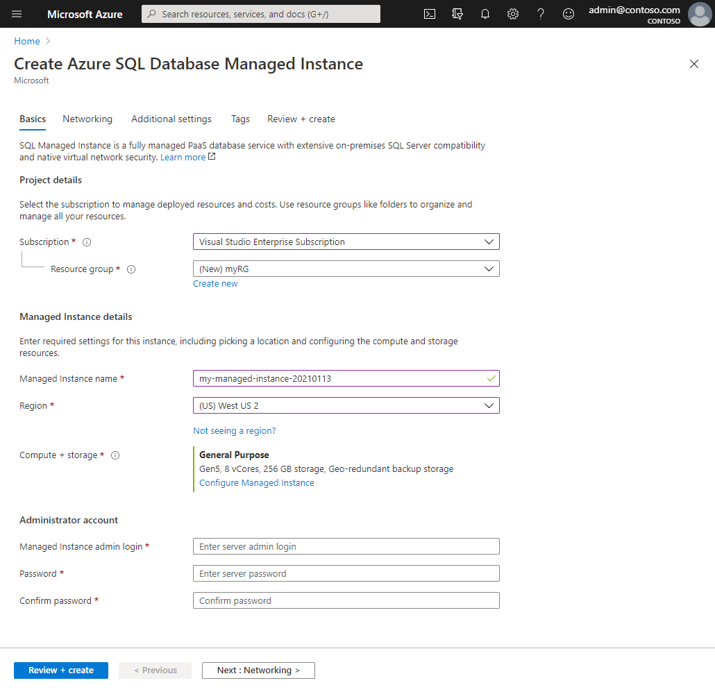 Quickstart Create An Azure Sql Managed Instance Portal Azure Sql Managed Instance