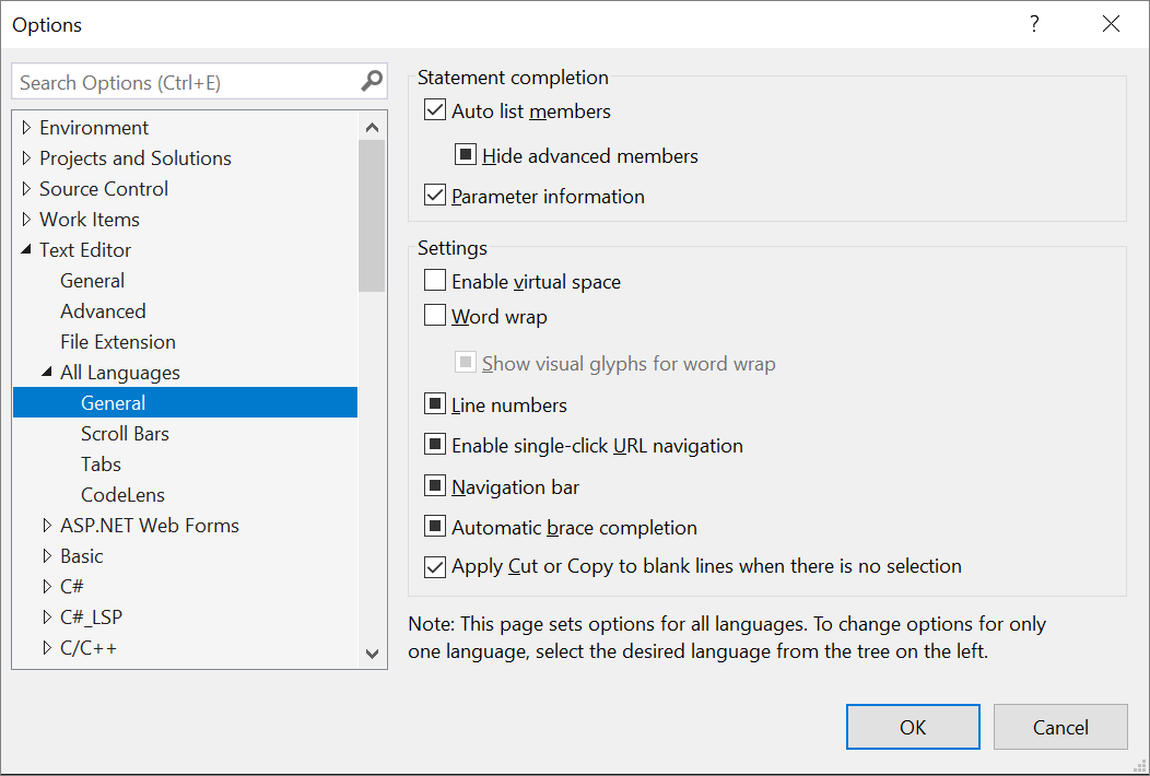 Options, Text Editor, All Languages - Visual Studio (Windows ...