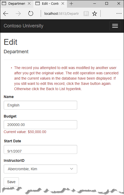 Tutorial Handle Concurrency Aspnet Mvc With Ef Core Microsoft Learn