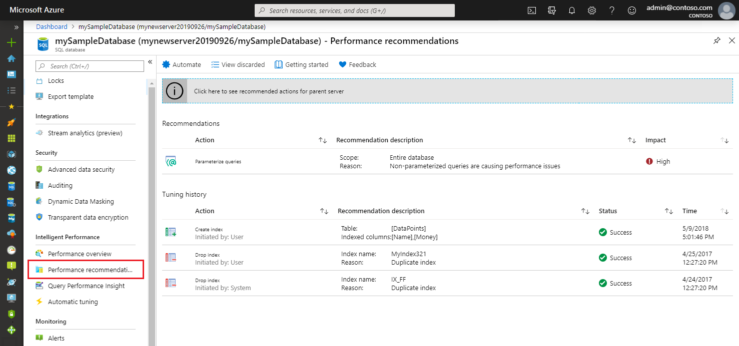 Database Advisor Performance Recommendations Azure Sql Database Microsoft Learn