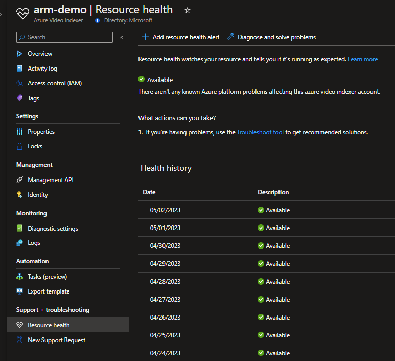 Diagnose Video Indexer resource issues with Azure Resource Health ... Diagnose Video Indexer resource issues with Azure Resource Health ...