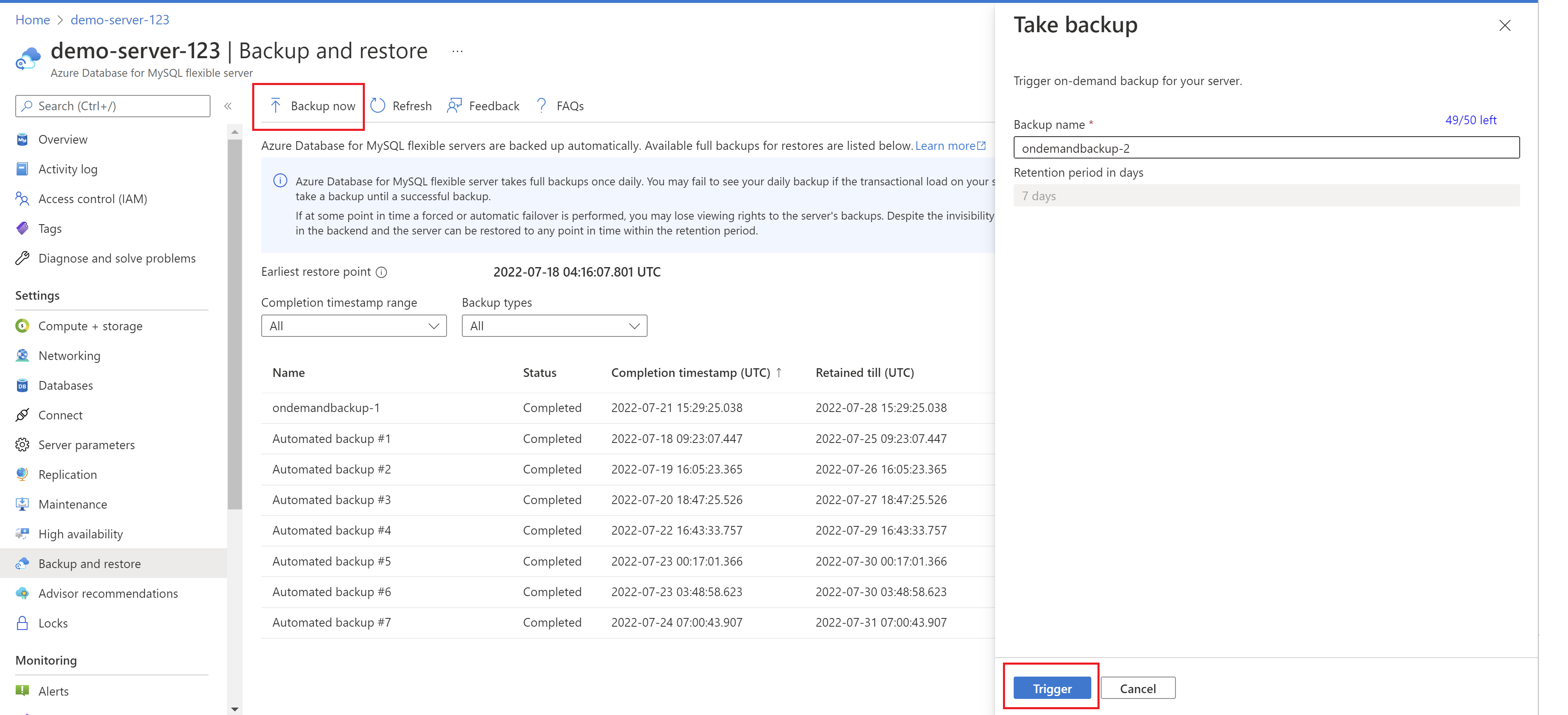 Trigger On Demand Backup By Using The Azure Portal Azure Database For Mysql Flexible Server