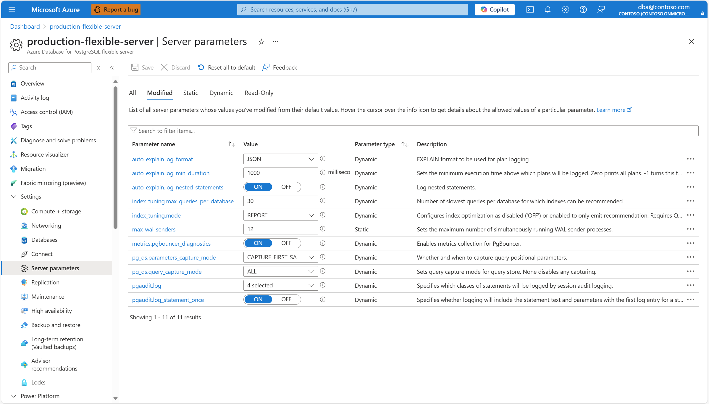 List Server Parameters With Modified Defaults Azure Database For Postgresql Flexible Server