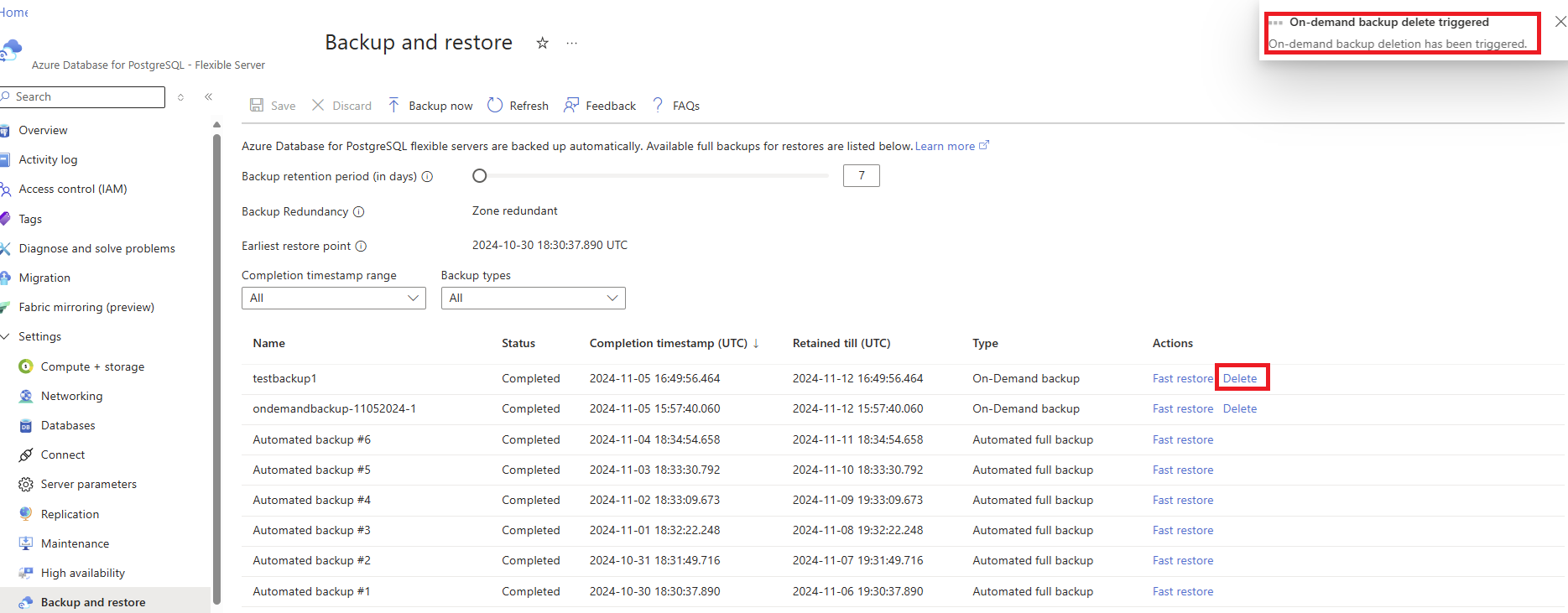 On Demand Backup Azure Portal Preview Azure Database For Postgresql Flexible Server