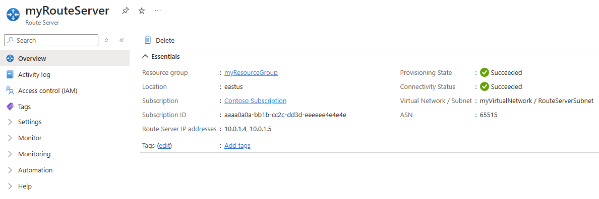 Quickstart Create An Azure Route Server Azure Portal Microsoft Learn
