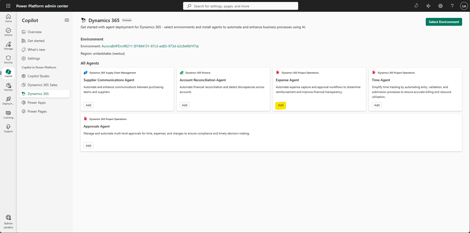 Expense Agent deployment using Dynamics 365 Agent Deployment tool ...