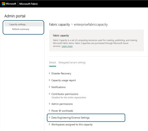 Manage Settings For Data Engineering And Science Capacity Microsoft Fabric Microsoft Learn