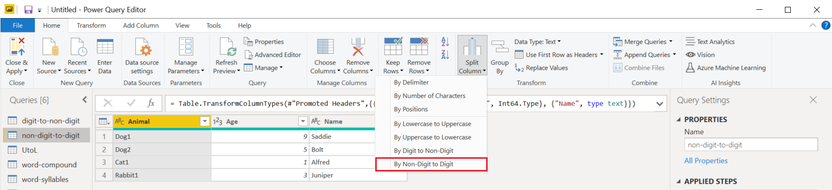 Split Columns By Non Digit To Digit Power Query Microsoft Learn