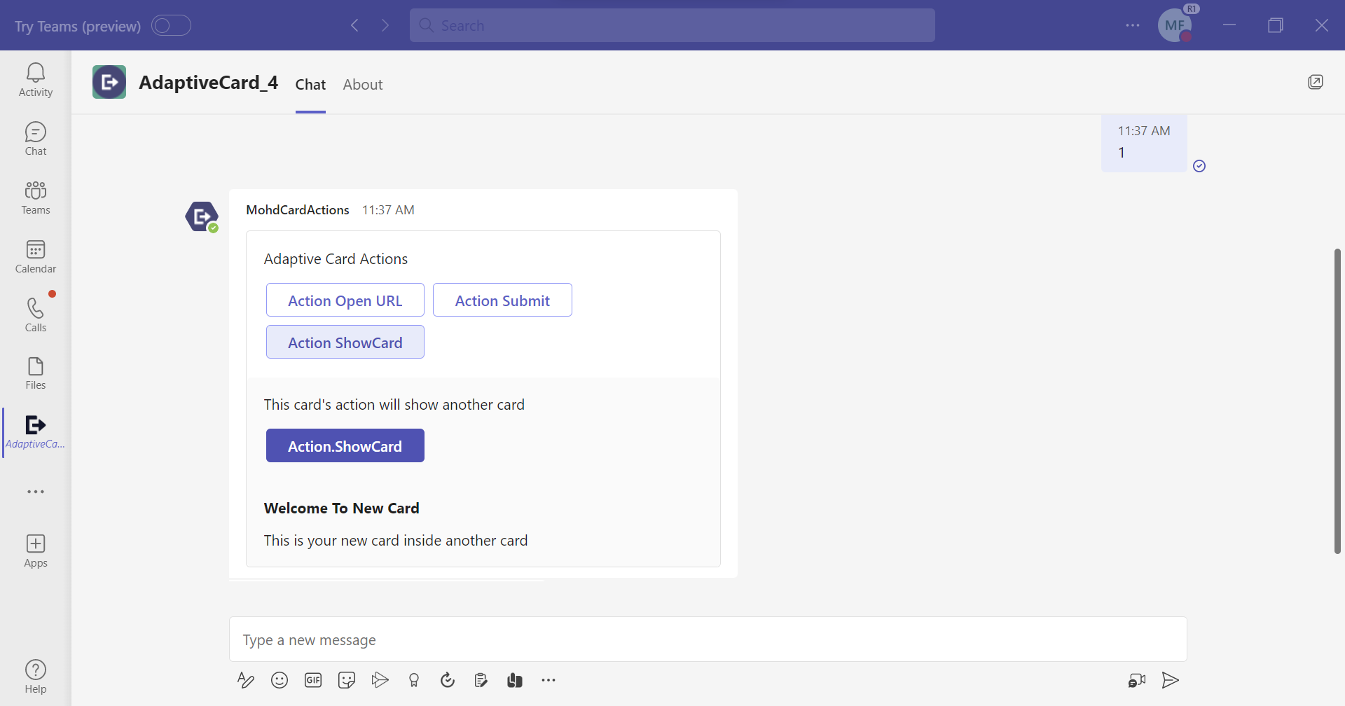Send Adaptive Card Including Different Actions Nodejs Code Samples Microsoft Learn