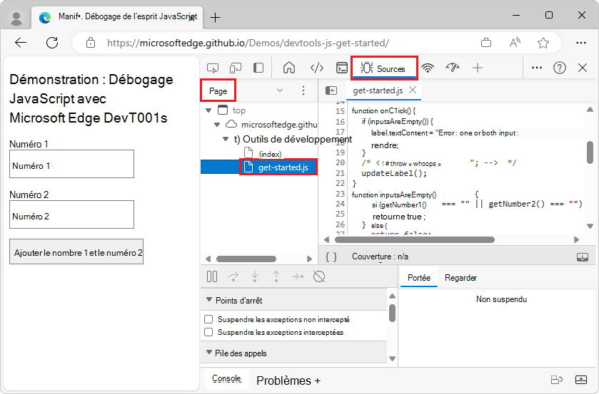 Commencer à déboguer JavaScript - Microsoft Edge Developer documentation | Microsoft Learn