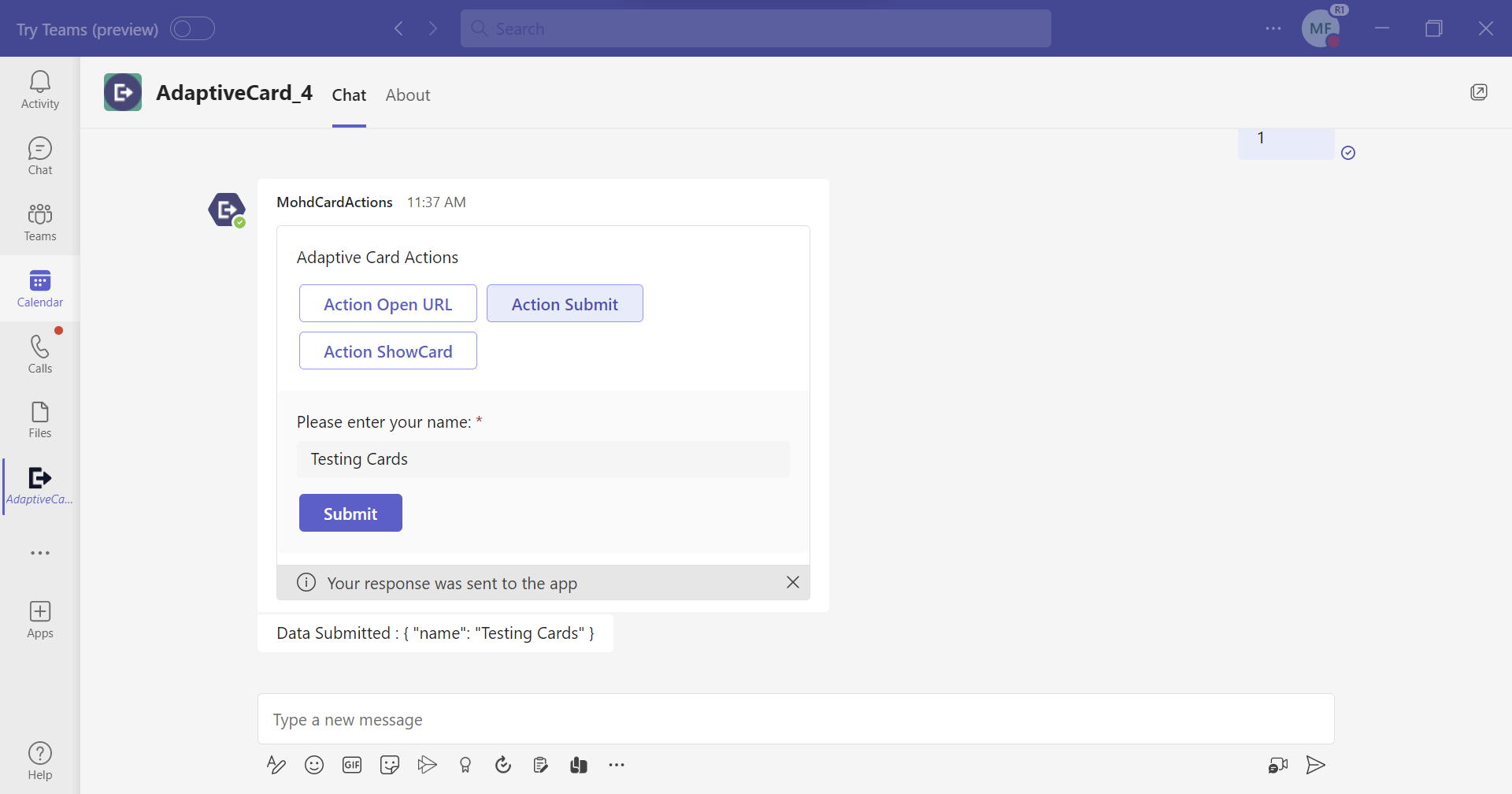 Send Adaptive Card Including Different Actions - NodeJS - Code Samples ... Send Adaptive Card Including Different Actions - NodeJS - Code Samples ...