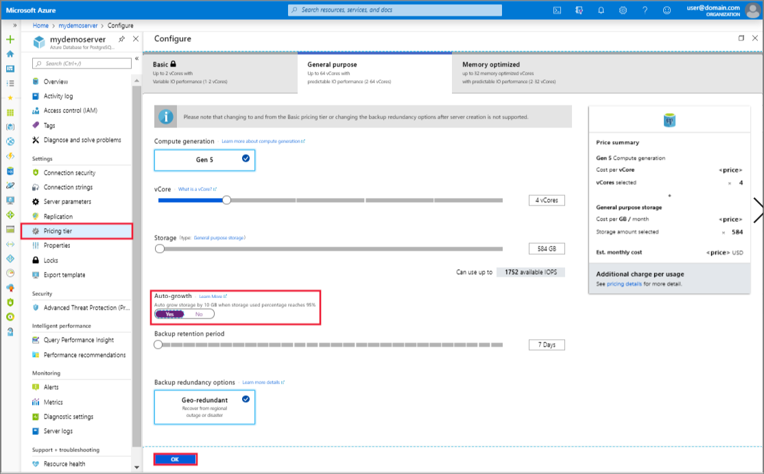 ストレージを自動拡張する Azure Portal Azure Database For Postgresql 単一サーバー Microsoft Learn