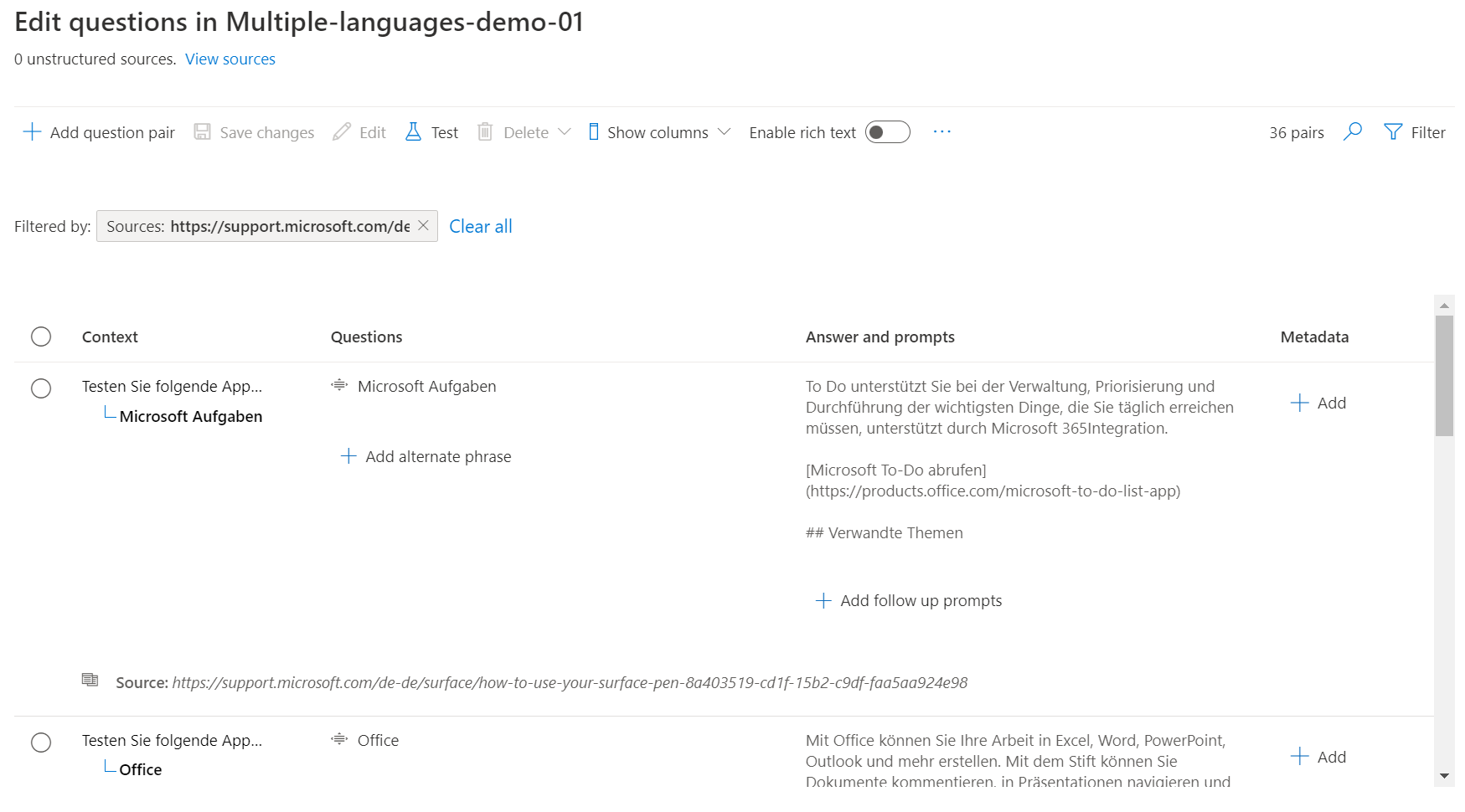 여러 언어로 프로젝트 만들기 사용자 지정 질문 답변 Azure Ai Services Microsoft Learn