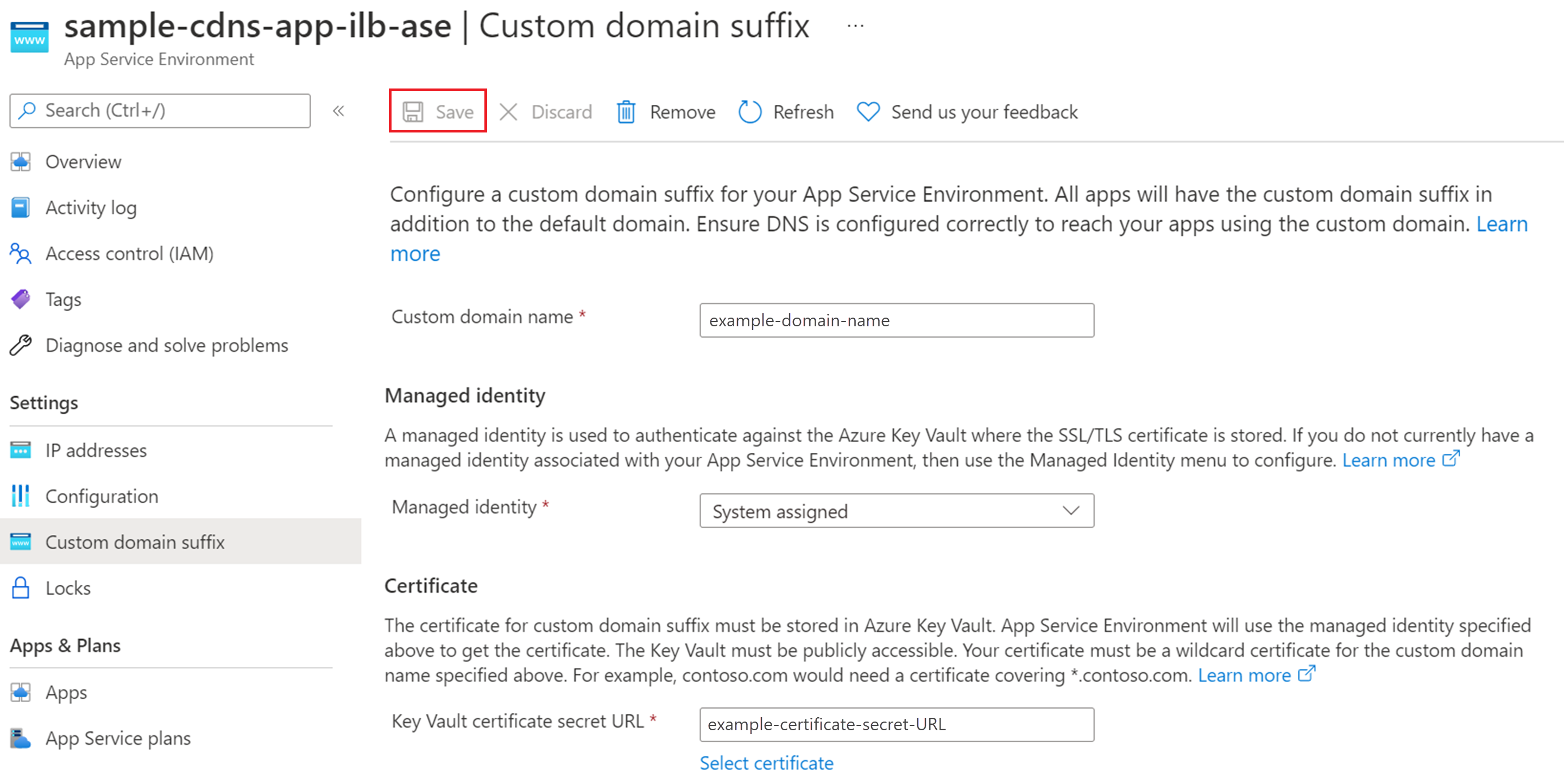 App Service Environment에 대한 사용자 지정 도메인 접미사 구성 Azure App Service Environment Microsoft Learn
