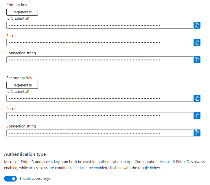 Azure App Configuration 인스턴스에 대한 액세스 키 인증 관리 Azure App Configuration Microsoft Learn