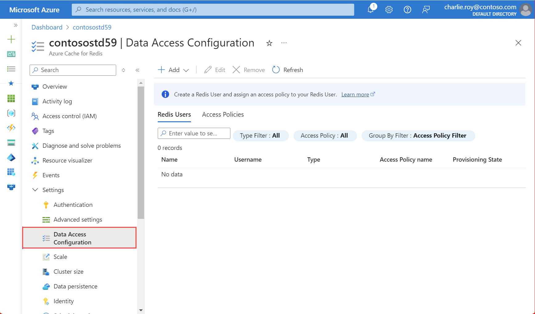 Azure Managed Redis를 사용하여 데이터 액세스 정책을 사용하여 역할 기반 액세스 제어 구성미리 보기 Azure Managed Redis