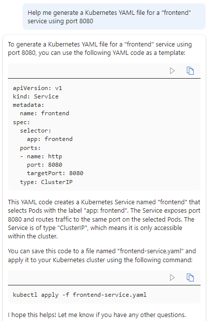 Azure용 Microsoft Copilot를 사용하여 Kubernetes Yaml 파일 만들기미리 보기 Microsoft Learn