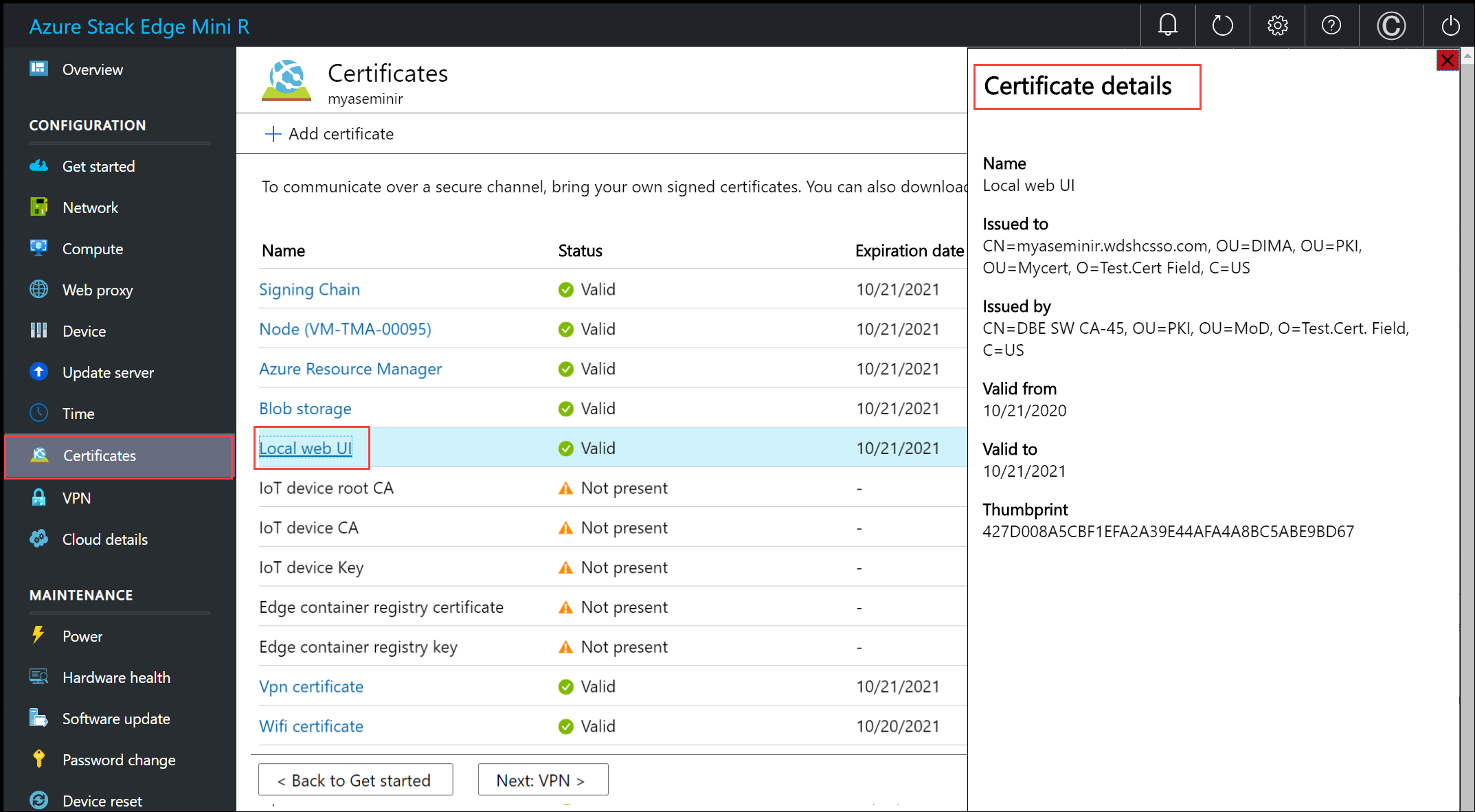 Azure Portal에서 Azure Stack Edge Mini R 디바이스에 대한 인증서를 구성하기 위한 자습서 Microsoft Learn