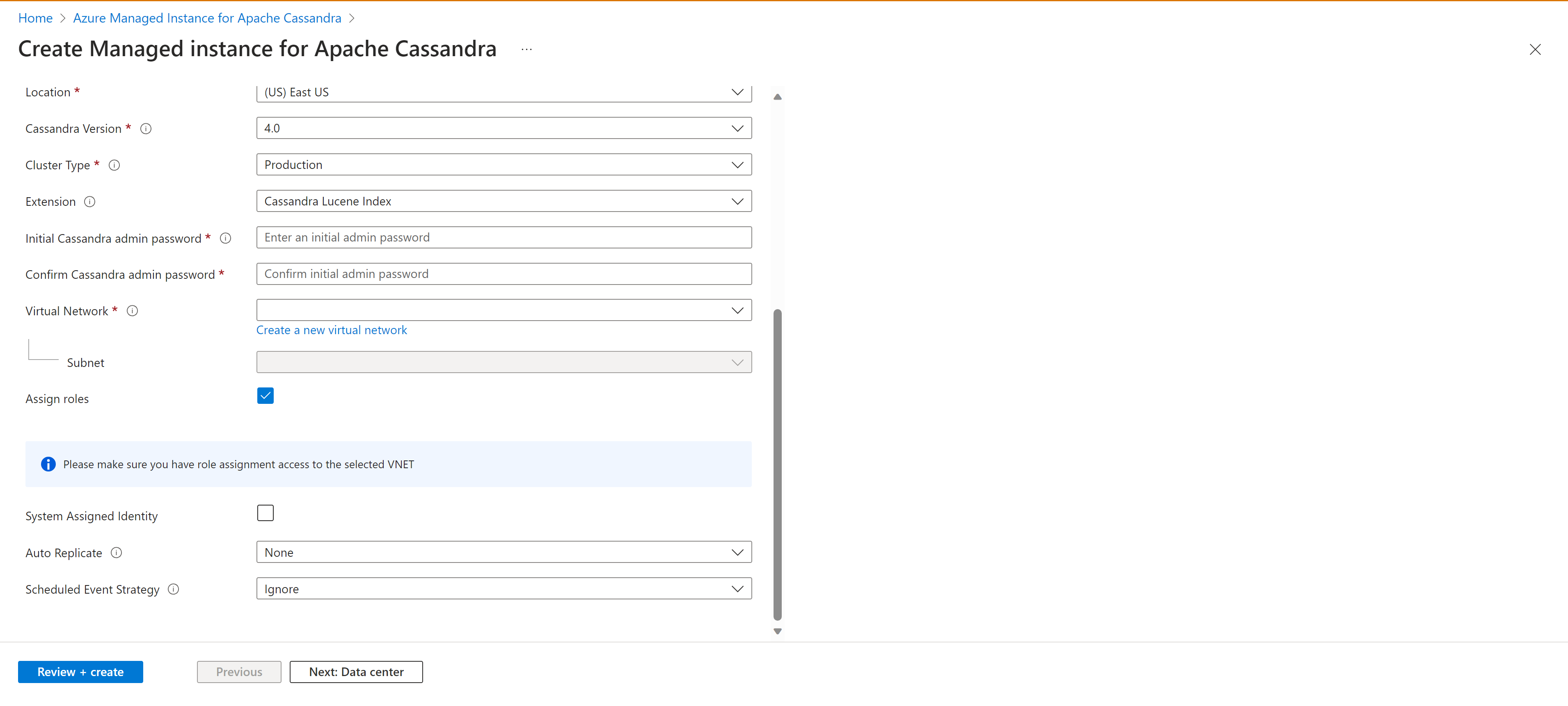 빠른 시작 Azure Portal에서 Apache Cassandra 클러스터용 Azure Managed Instance 생성 Microsoft Learn