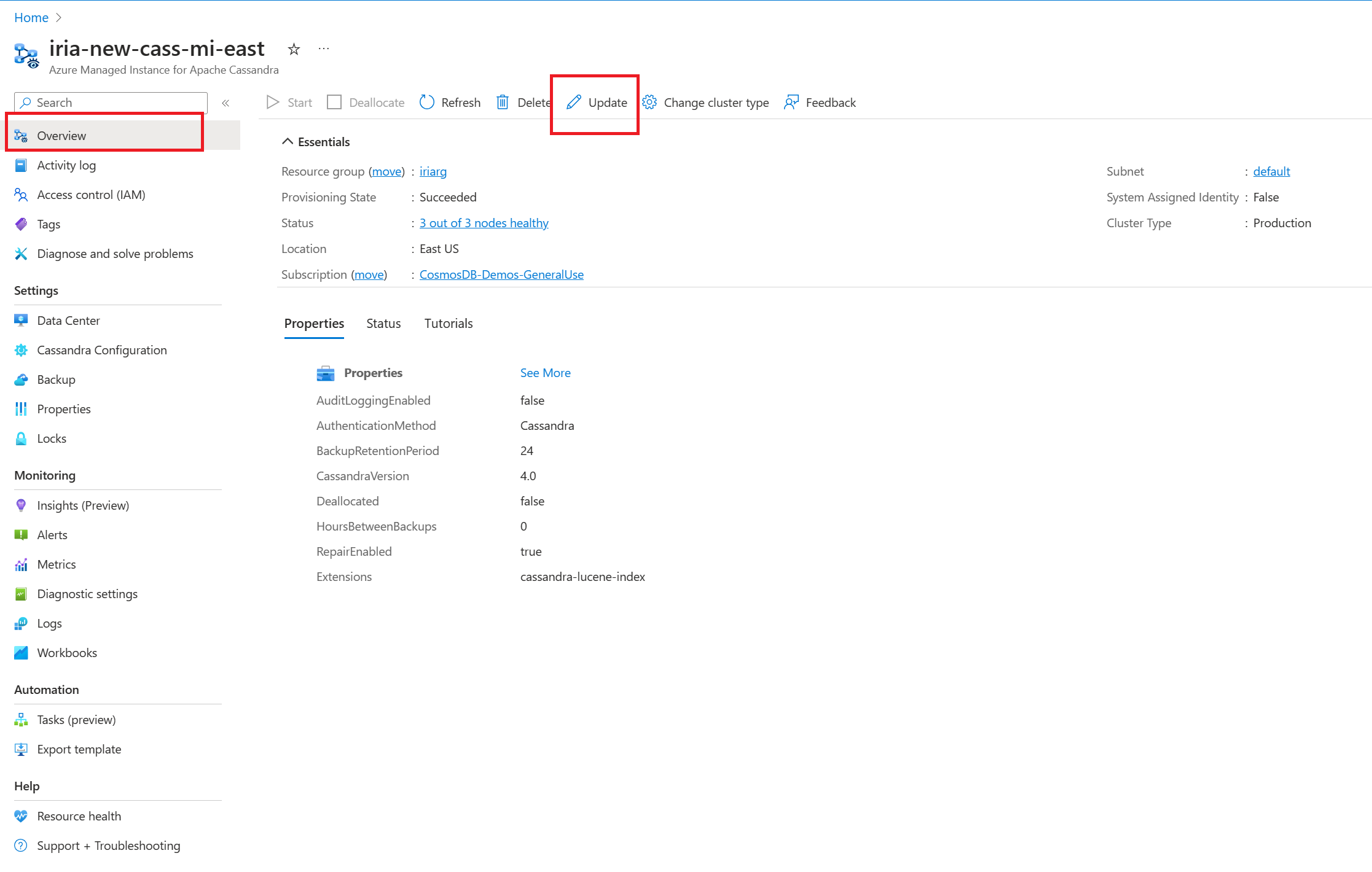 빠른 시작 Azure Portal에서 Apache Cassandra 클러스터용 Azure Managed Instance 생성 Microsoft Learn