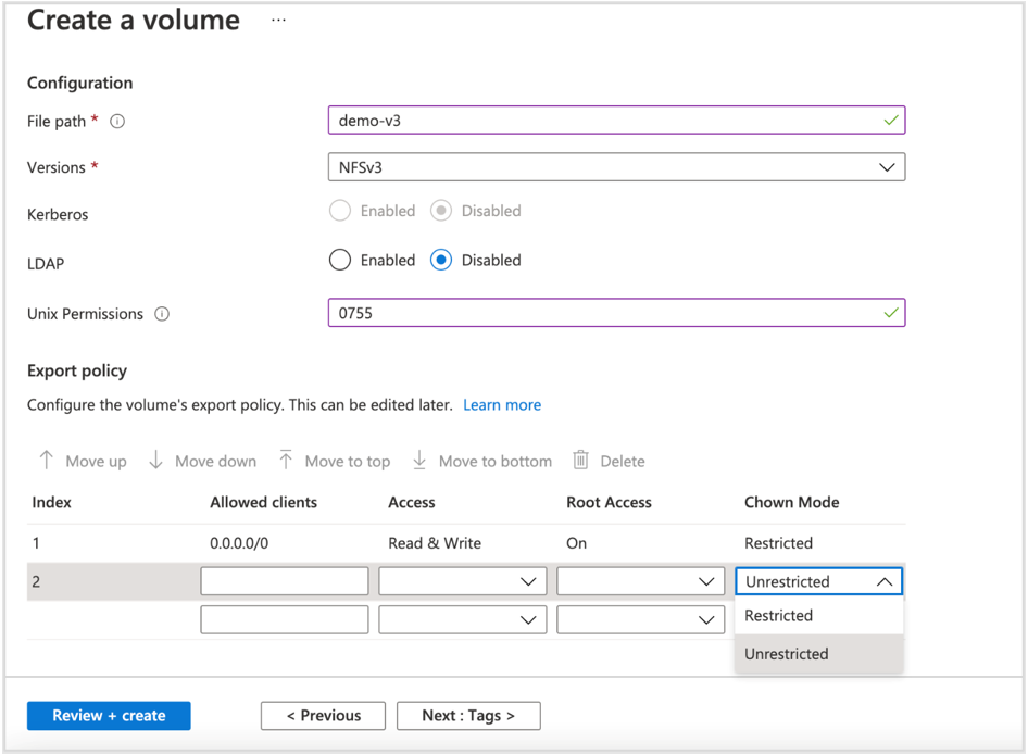 Azure Netapp Files Nfs 및 이중 프로토콜 볼륨에 대해 Unix 권한 및 소유권 모드 변경 구성 Microsoft Learn