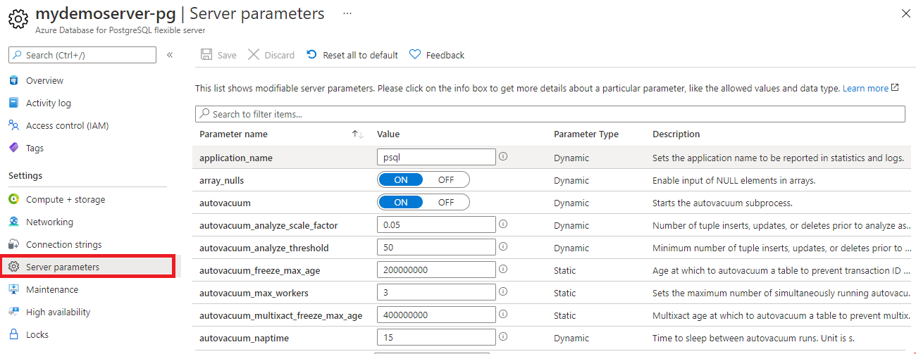 서버 매개 변수 Azure Database For Postgresql 유연한 서버 Microsoft Learn