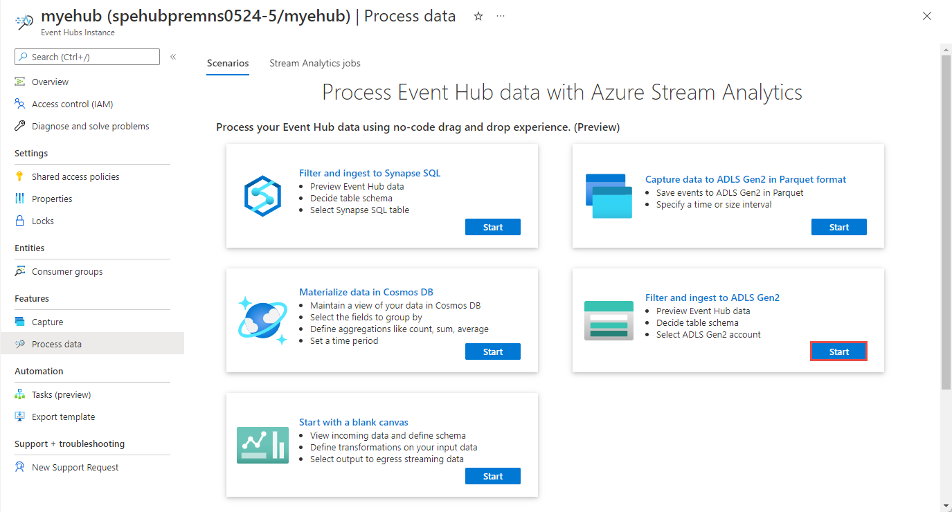 Stream Analytics 코드리스 편집기를 사용하여 Azure Data Lake Storage Gen2로 필터링 및 수집 Azure Stream Analytics