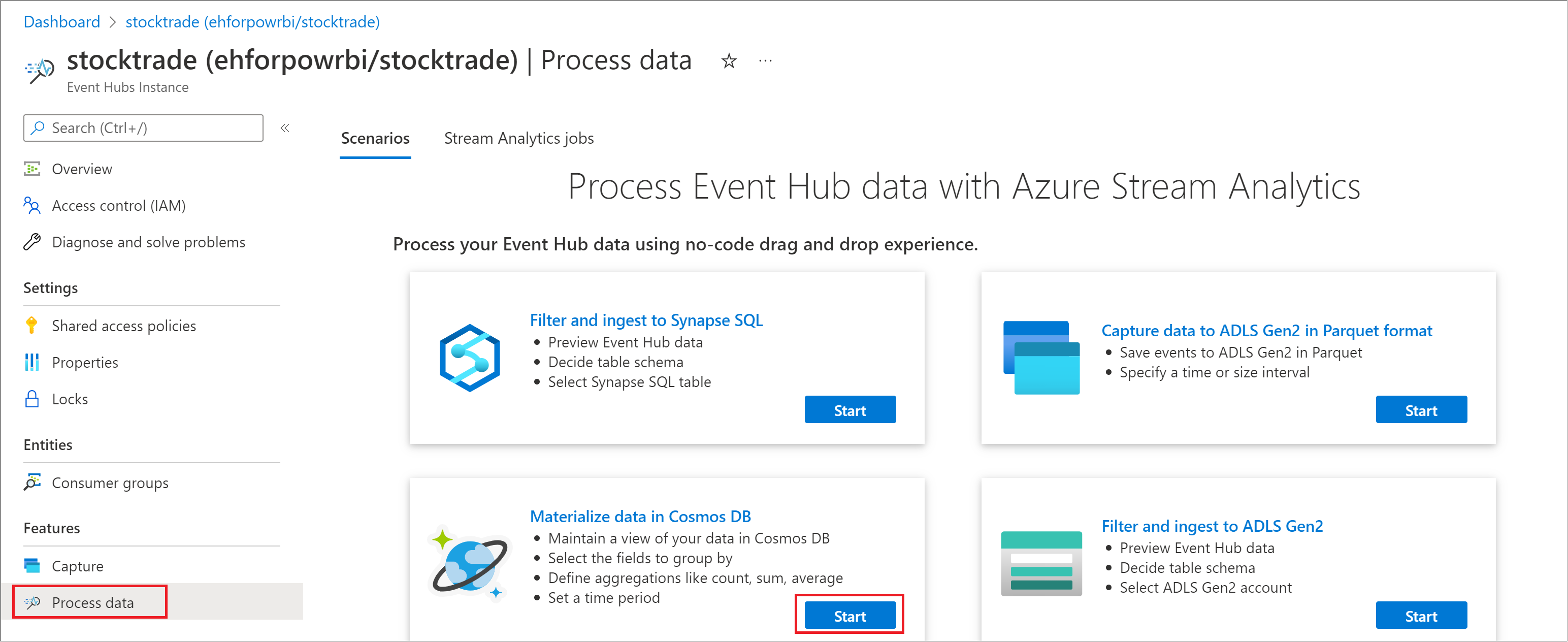 코드리스 편집기를 사용하여 Azure Cosmos Db에서 데이터 구체화 Azure Stream Analytics Microsoft Learn