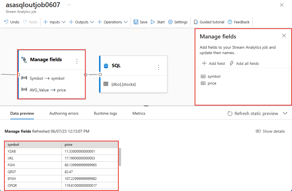Azure Stream Analytics 코드 없는 편집기를 사용하여 Azure Sql Database에 데이터 변환 및 저장 Azure Stream Analytics