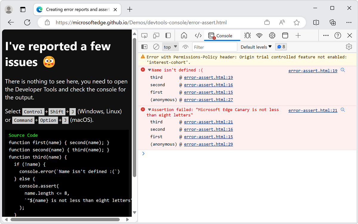 Fix JavaScript errors reported in the Console - Microsoft Edge Developer documentation ...