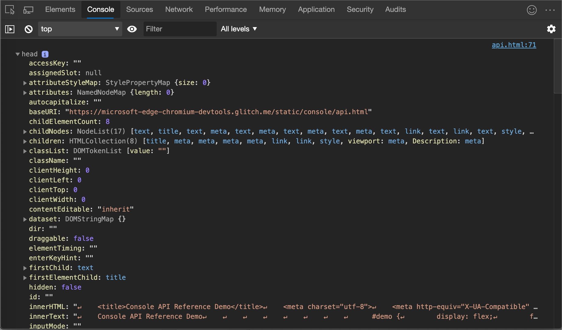 Справочник по Api объектов консоли Microsoft Edge Development Microsoft Learn