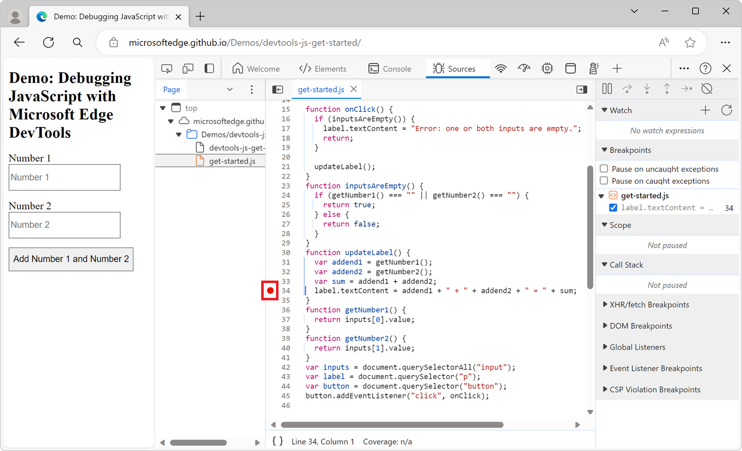 Pause code with breakpoints - Microsoft Edge Developer documentation | Microsoft Learn
