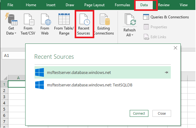 使用 Excel 进行连接 Azure Sql Database And Azure Sql Managed Instance Microsoft Learn