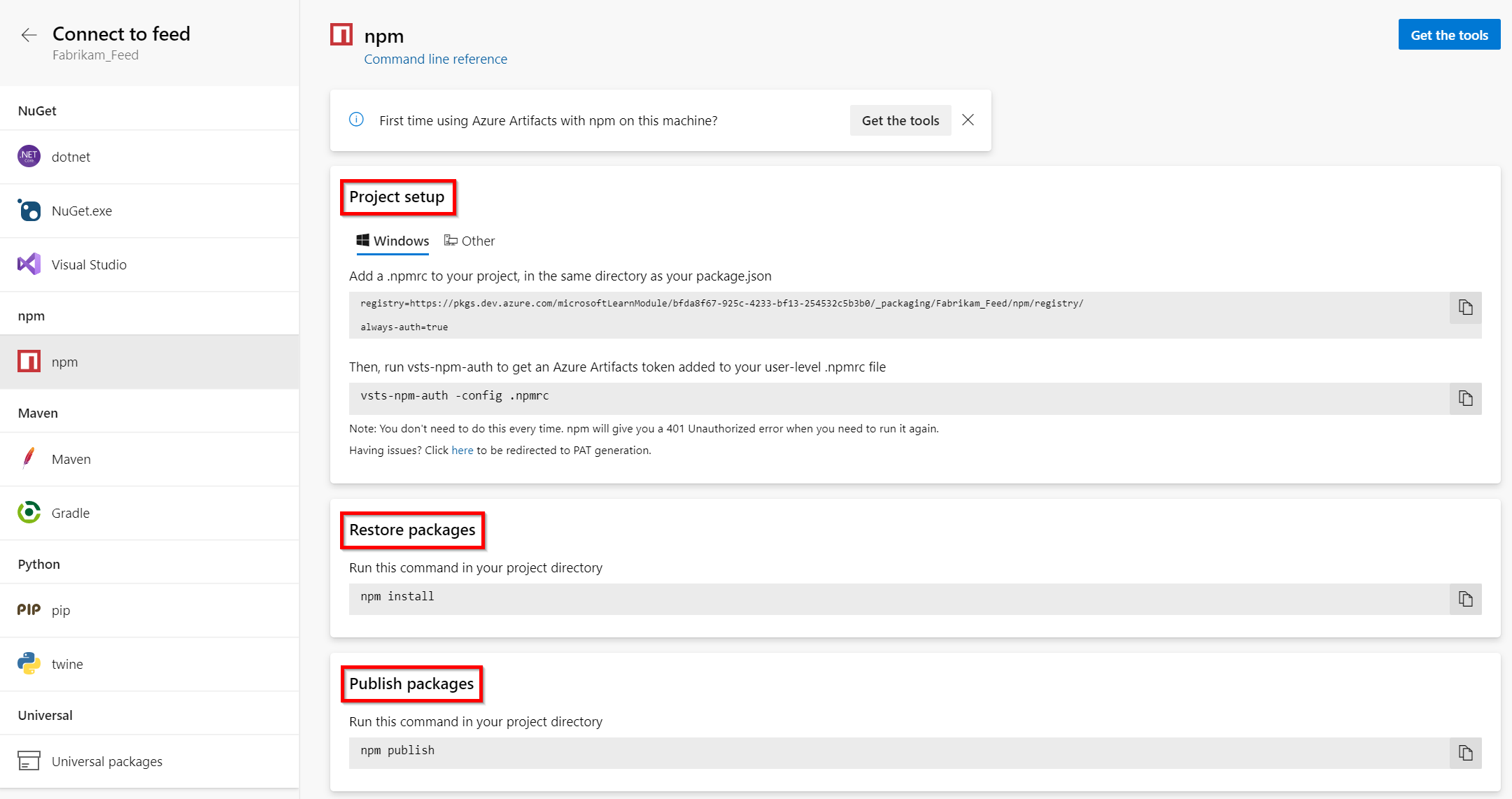 发布和下载 npm 包 - Azure Artifacts | Microsoft Learn 发布和下载 npm 包 - Azure Artifacts | Microsoft Learn