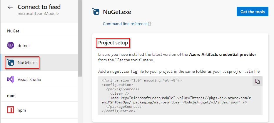 连接到源 - NuGet.exe - Azure Artifacts | Microsoft Learn 连接到源 - NuGet.exe - Azure Artifacts | Microsoft Learn