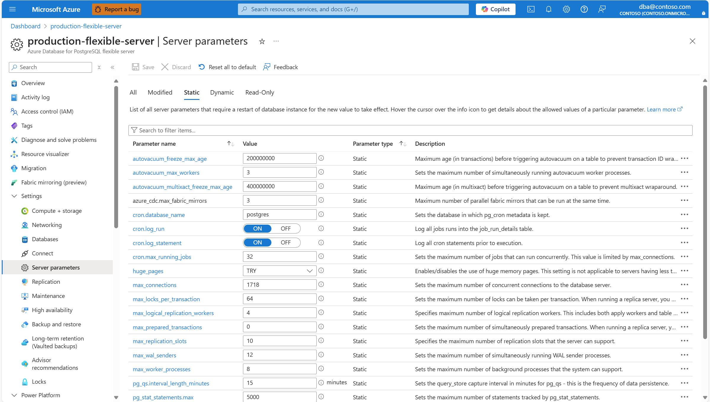 列出读写静态服务器参数 Azure Database For Postgresql Flexible Server Microsoft Learn
