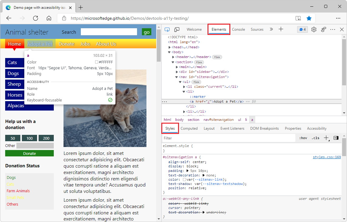 使用 元素”工具检查、编辑和调试 Html 和 Css Microsoft Edge Development Microsoft Learn