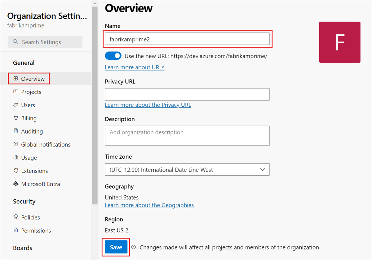 重新命名您的組織 Azure Devops Services Microsoft Learn