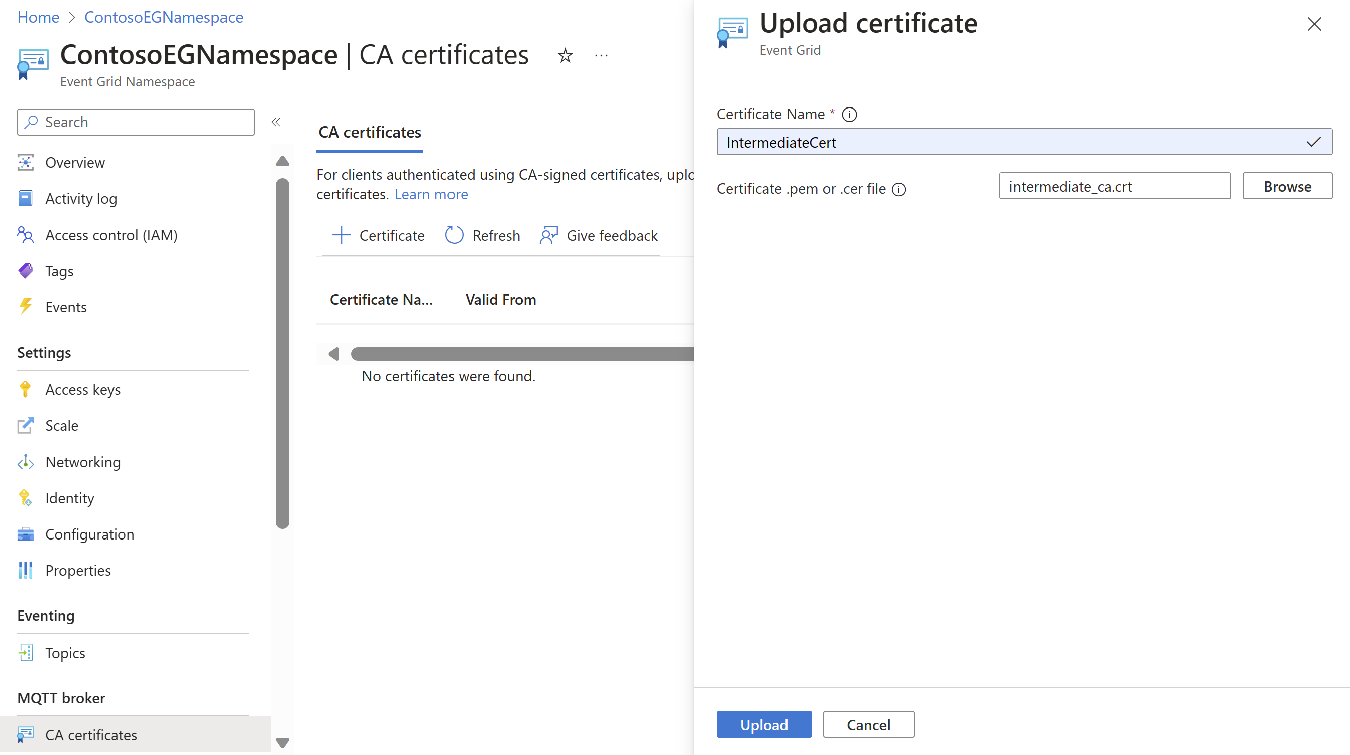 Azure 事件方格命名空間 Mqtt 用戶端驗證使用憑證鏈結 Azure Event Grid Microsoft Learn