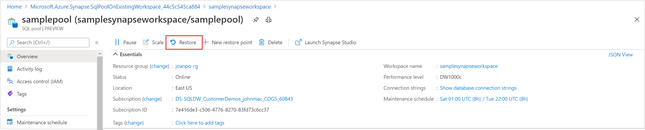 還原現有的專用 Sql 集區 Azure Synapse Analytics Microsoft Learn