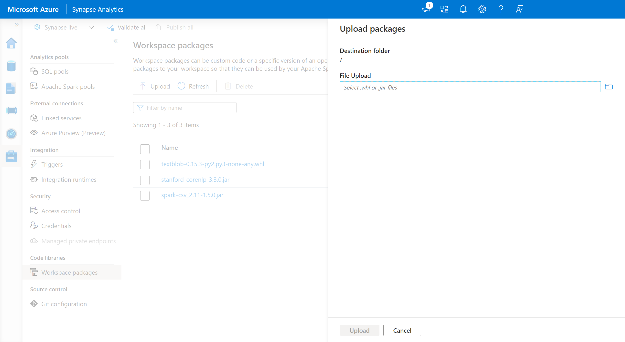 管理 Apache Spark 的工作區程式庫 Azure Synapse Analytics Microsoft Learn