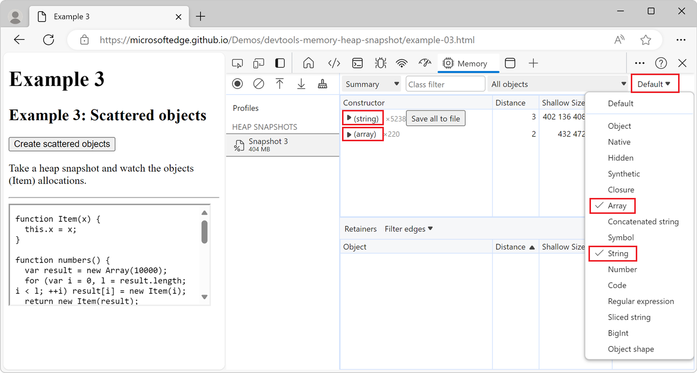 使用記憶體工具 「堆積快照集」分析類型來記錄堆積快照集 Microsoft Edge Developer Documentation Microsoft Learn